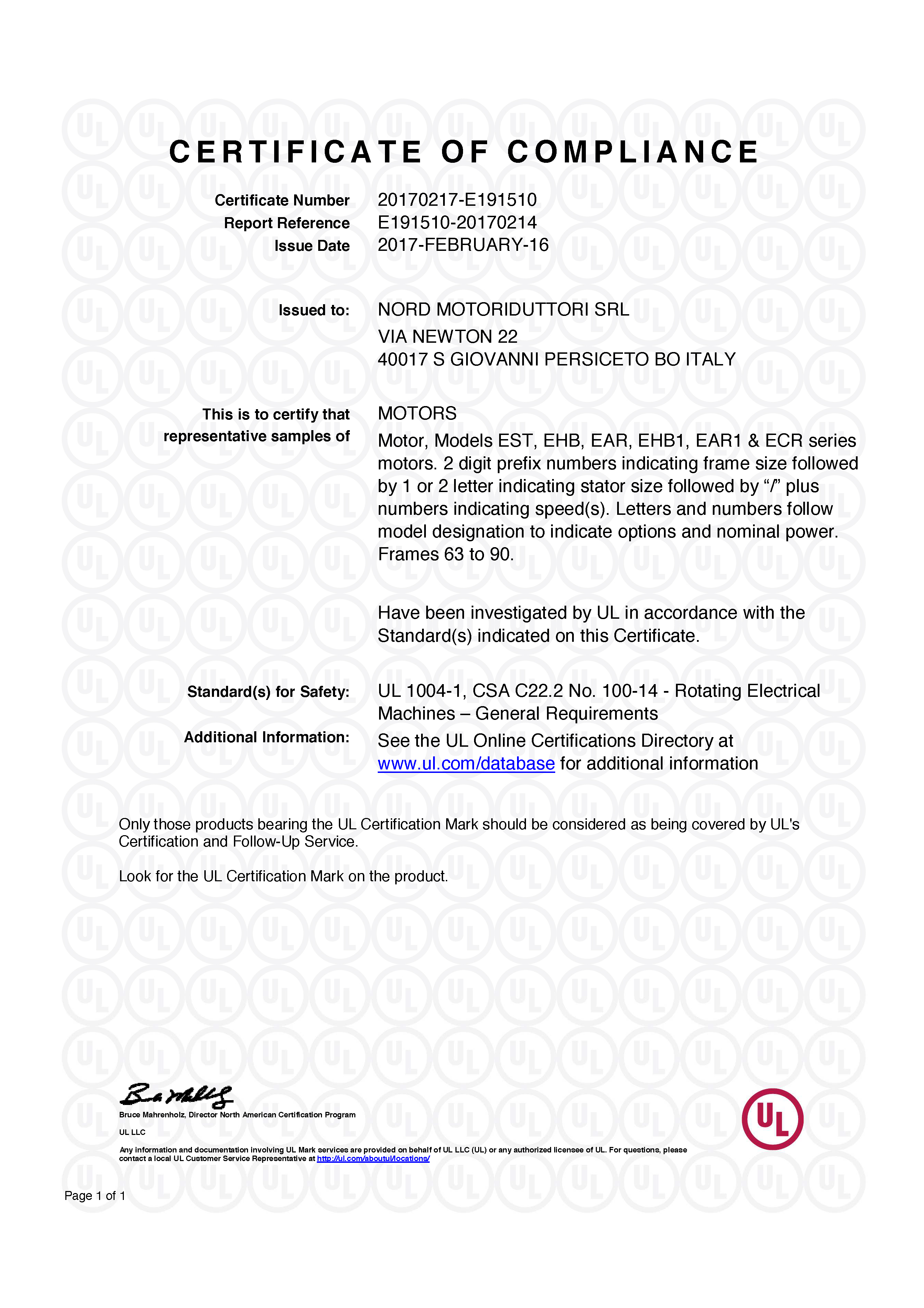 (UL certificate NORD 1-Phase Asynchronous Motors) | NORD
