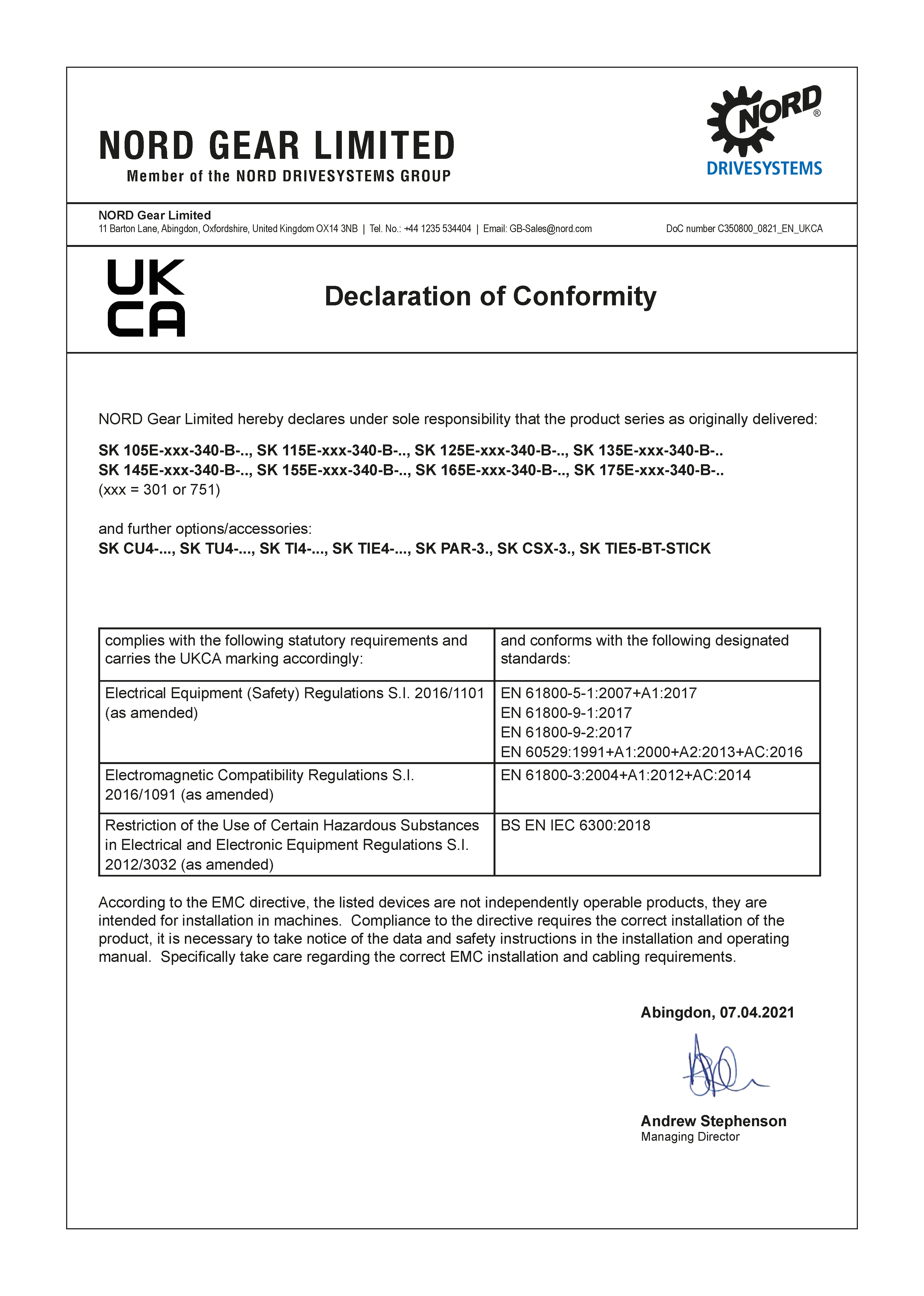 (C350800UKCA Conformity Declaration - NORDAC START SK 135E) | NORD